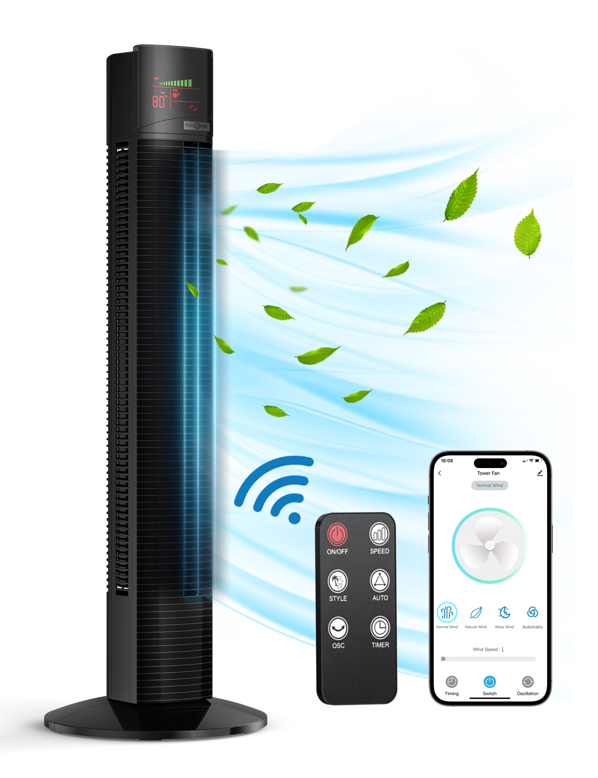 "Paris Rhone 36"" Tower Fans, APP & Remote Control, Bladeless ...