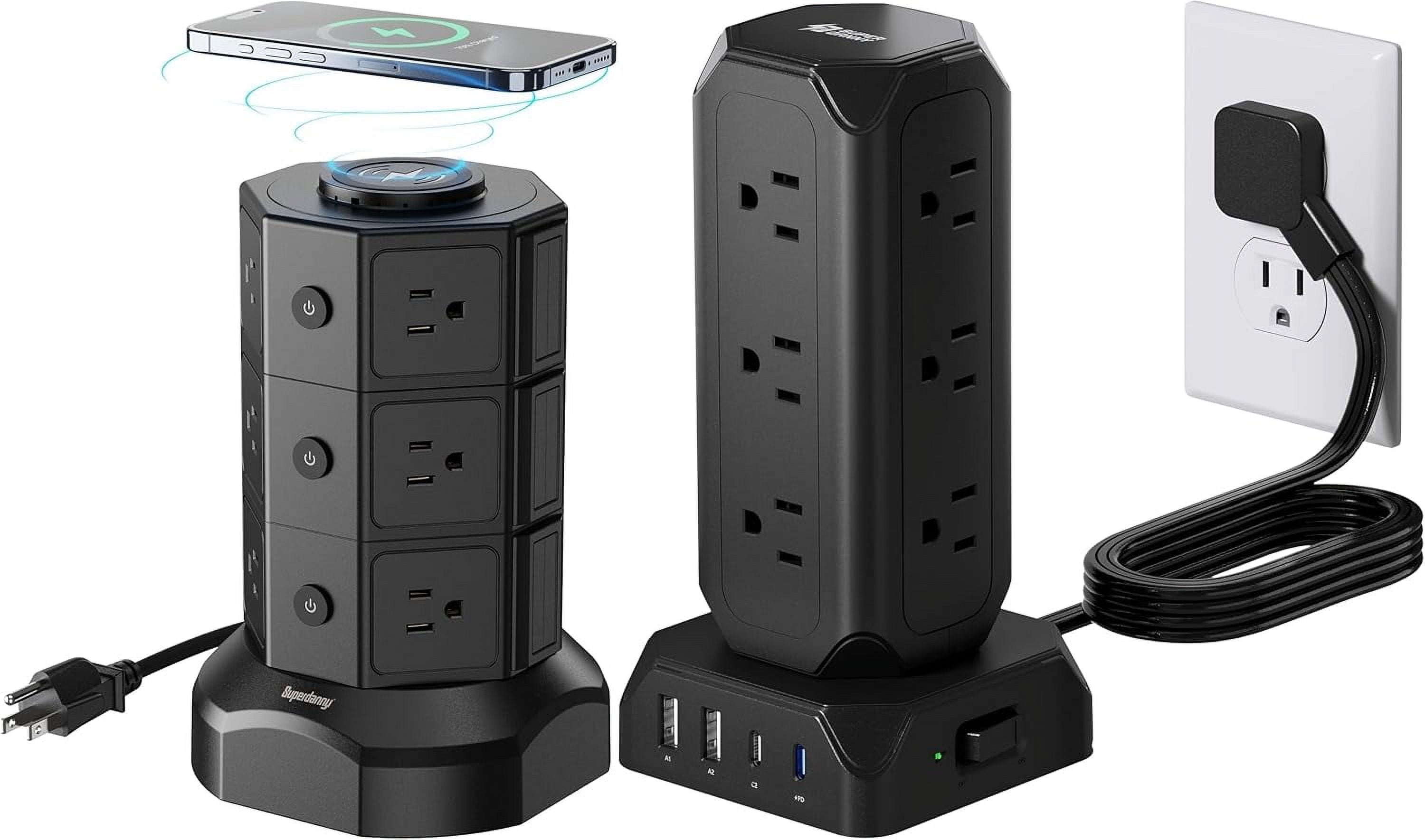 Tower Power Strip with 15W Wireless Charger, 1050J Surge Protector ...