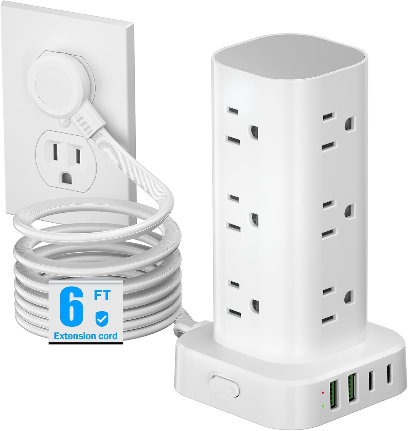 Tower Power Strips with Sur Protection, 6FT Flat Extension Cord ...