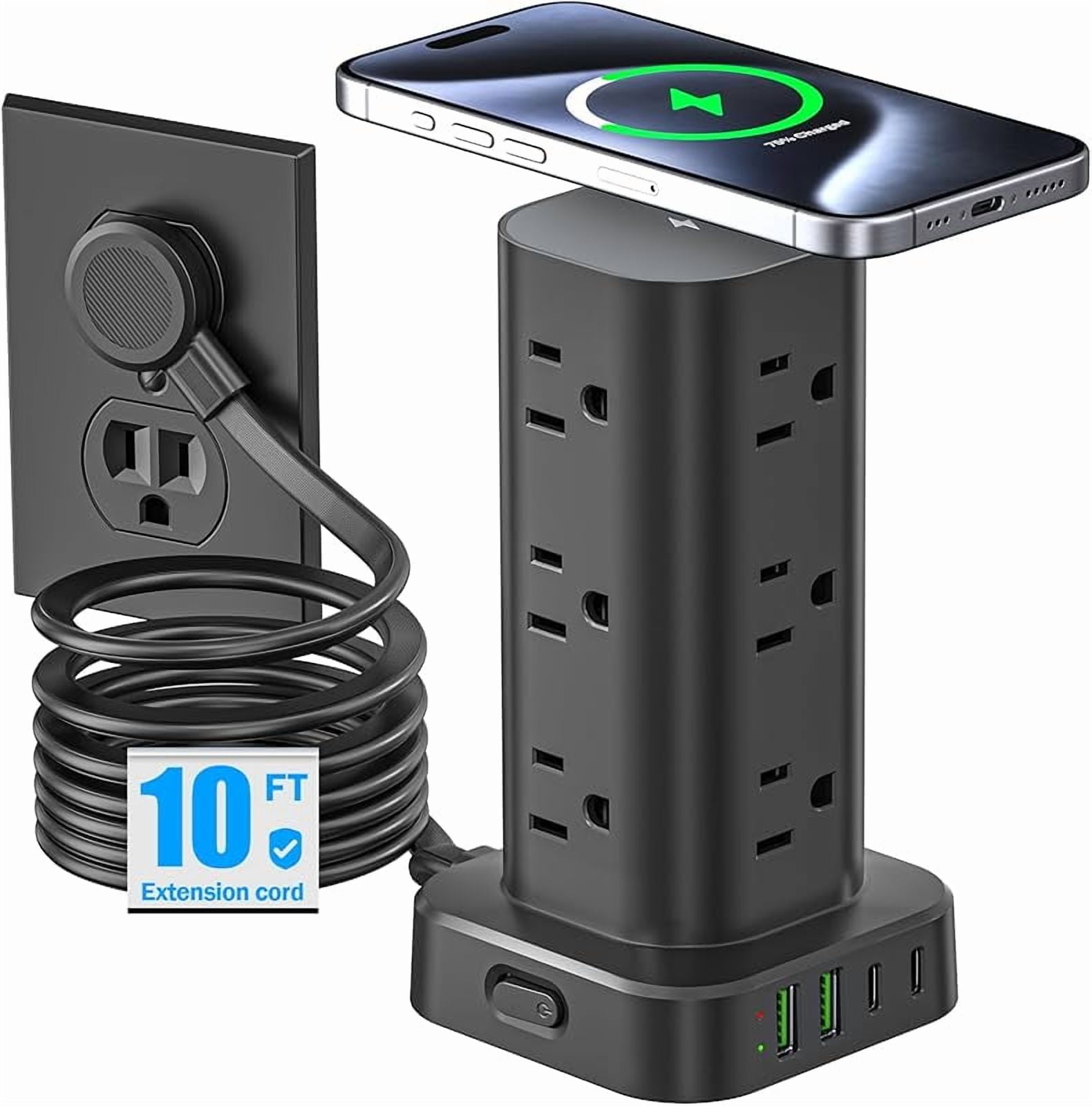Tower Power Strips with Surge Protection, 6FT Flat Extension Cord with ...