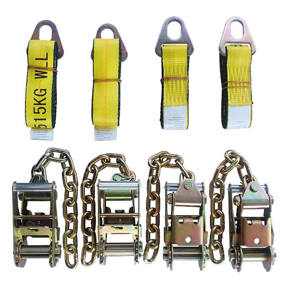 Towing 4 Point Tie Down, 4 Ratchets w/Chain Ends, 4 Keyhole Straps ...