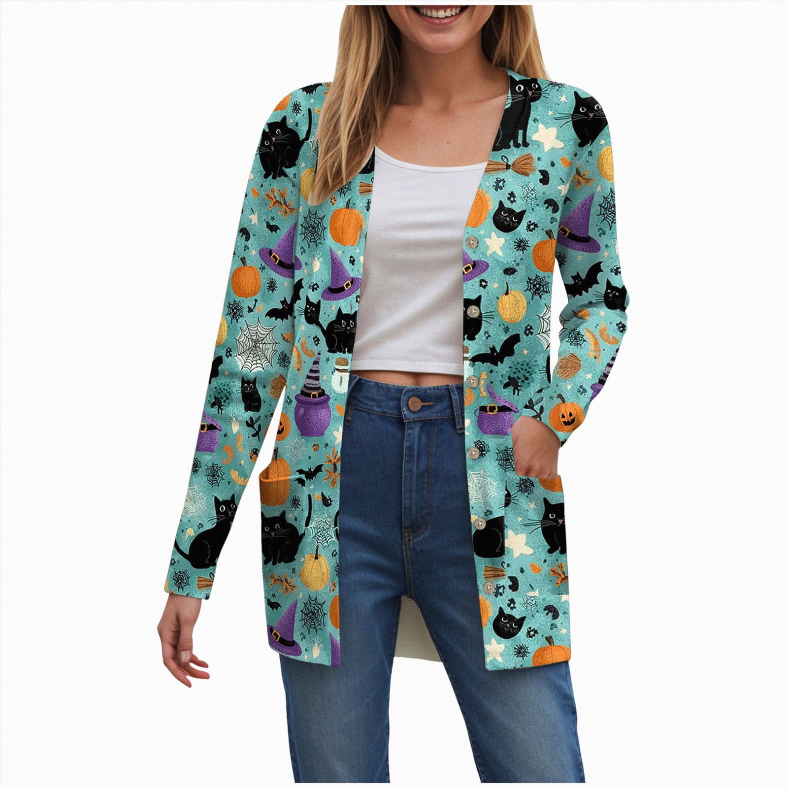Towmus Cardigan Sweaters for Women Halloween Cat Sweaters for Womens ...