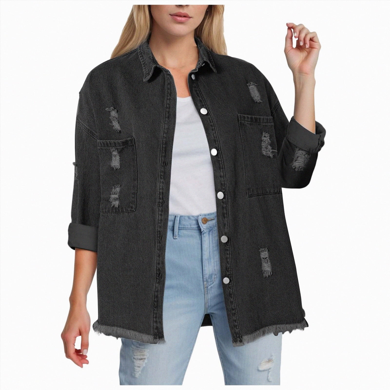 Towmus Jacket for Women Oversized Boyfriend Jean Jacket Button Up ...