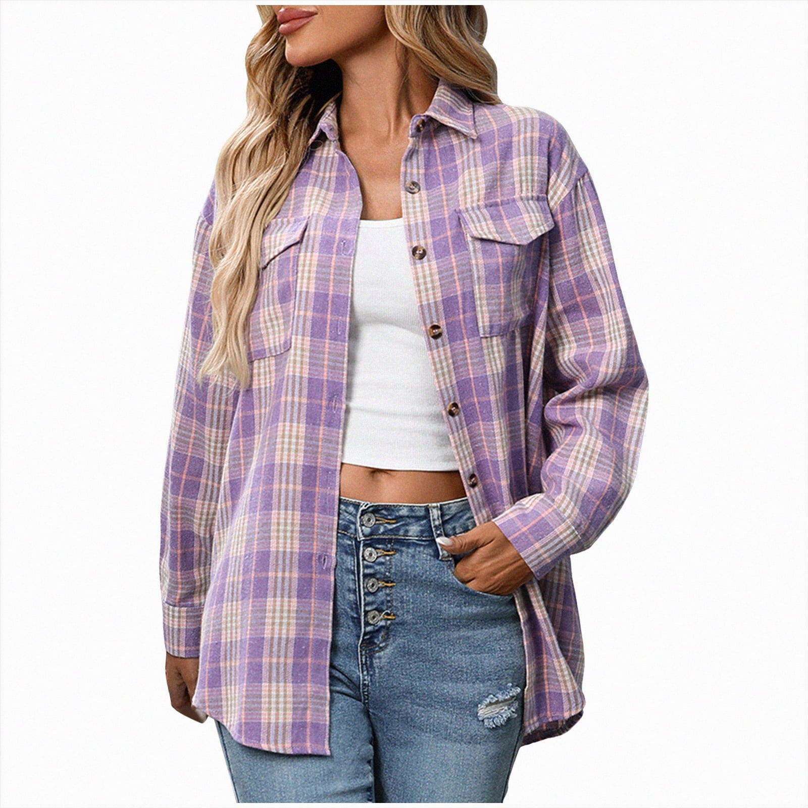 Towmus Womens Button Down Flannel Shirts Plus Size Fashion Long Sleeve ...
