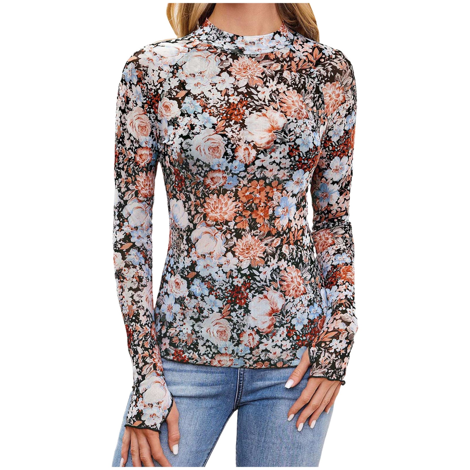 Towmus Womens Lace Long Sleeve Mesh Top Floral Neck Going Out Top Sheer ...