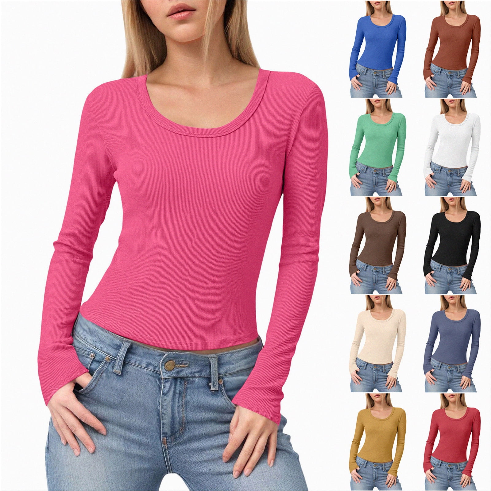 Towmus Womens Long Sleeve Scoop Neck Ribbed Knit Fitted Casual Tops Tee ...