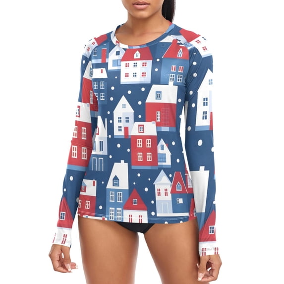 Town Colorful Houses Women's Rash Guard Shirts UPF 50+ Sun Protection ...