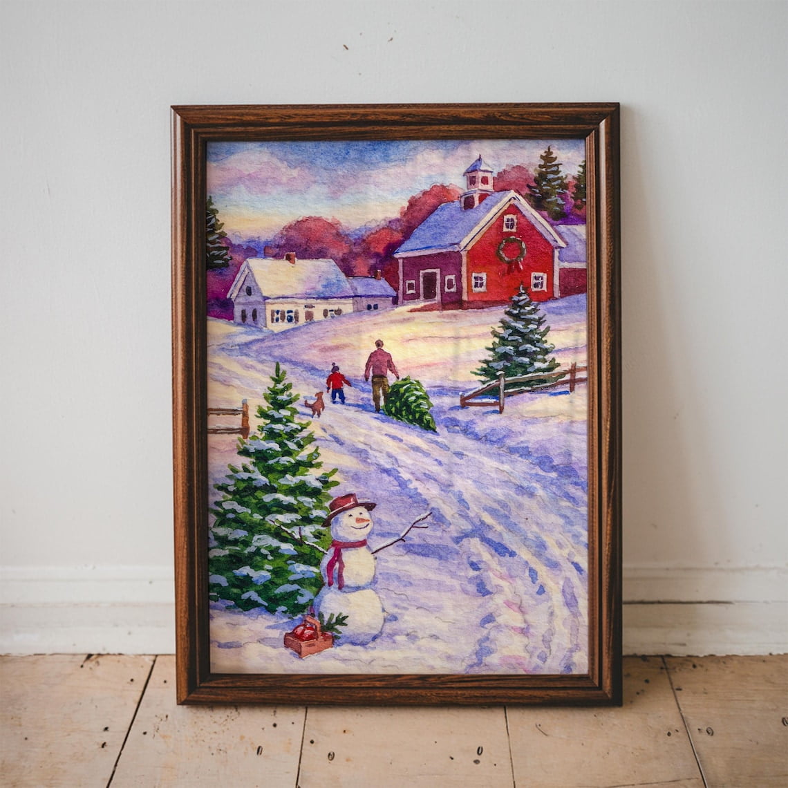 Town : Snowman & Barn Winter Scene Art Poster, Unframed Poster Size ...