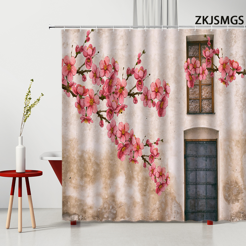 Town Street View Flower Wall Shower Curtain Retro Wood Door Europe ...