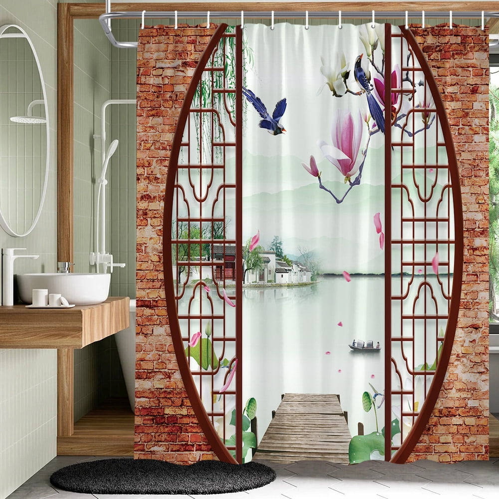 Town Street View Flower Wall Shower Curtain Retro Wood Door Europe ...