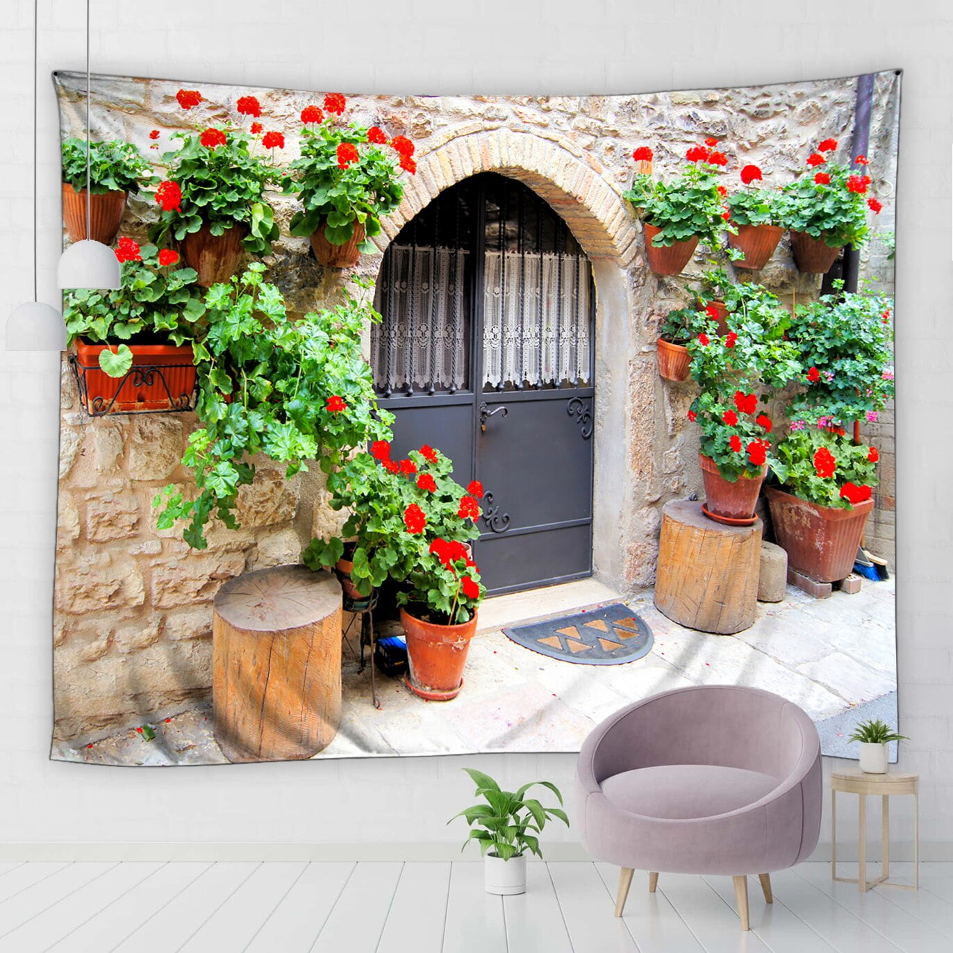Town street tapestry wall hanging Old building flower room landscape ...