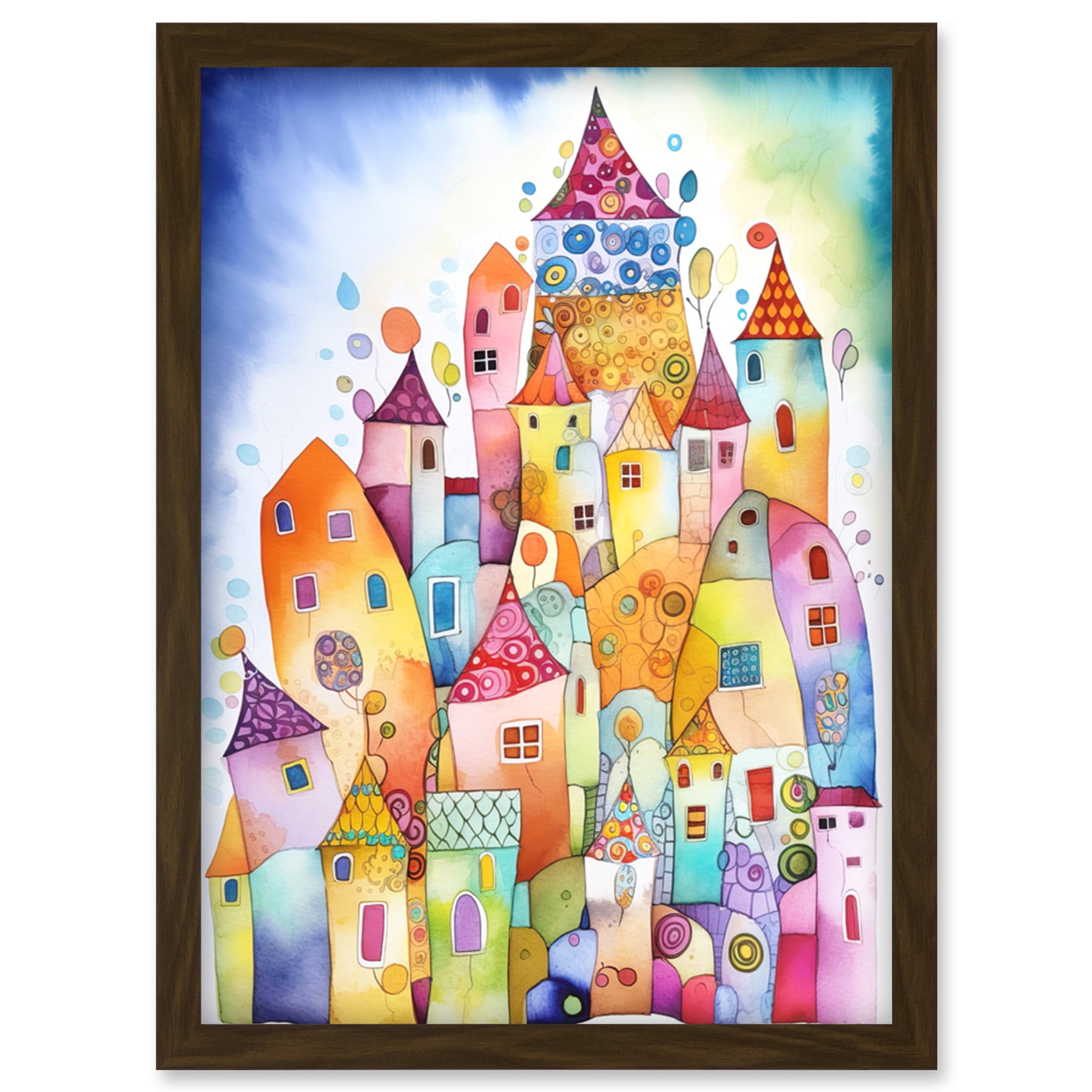 Townscape Housewarming Party Folk Art Watercolour Painting Artwork ...