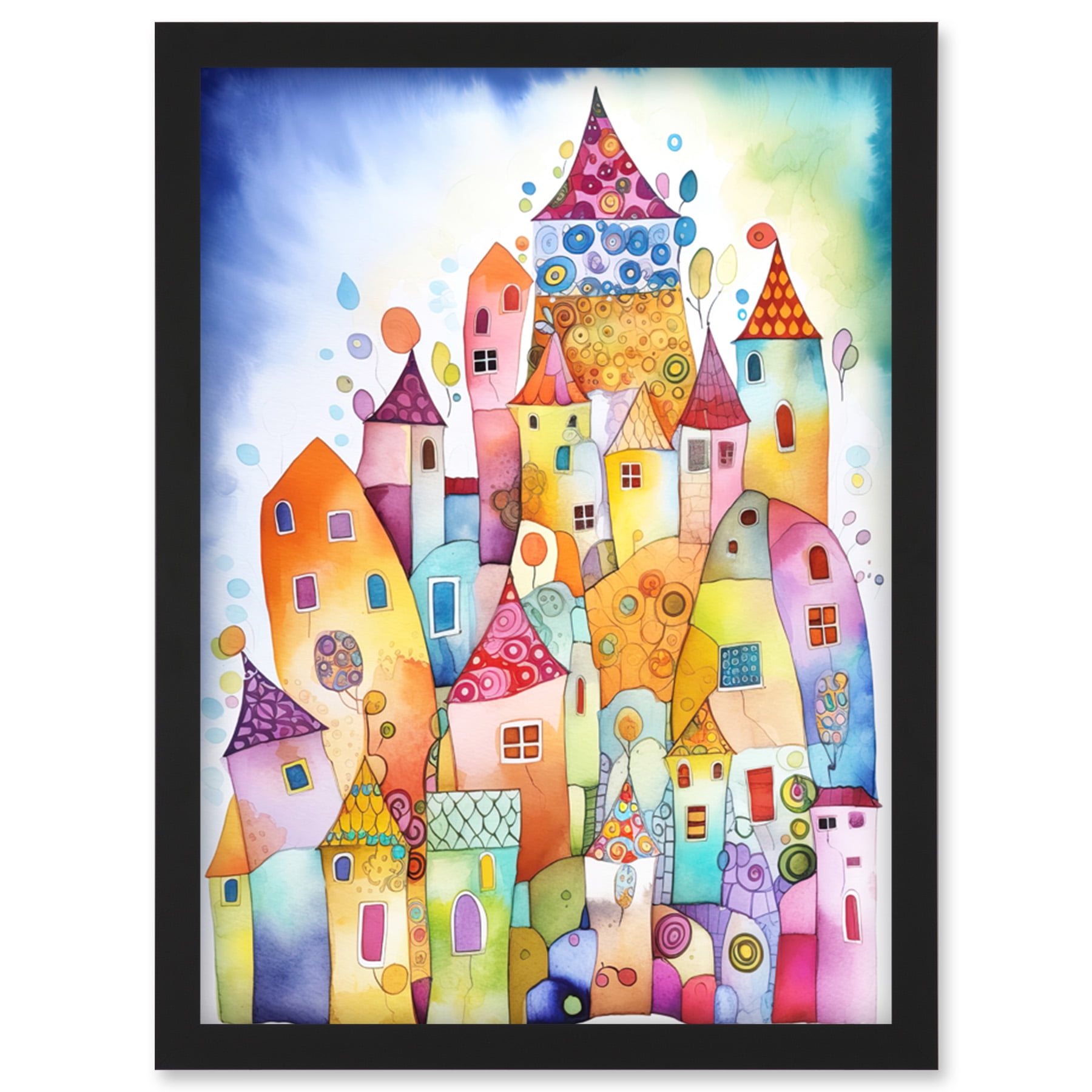 Townscape Housewarming Party Folk Art Watercolour Painting Artwork ...