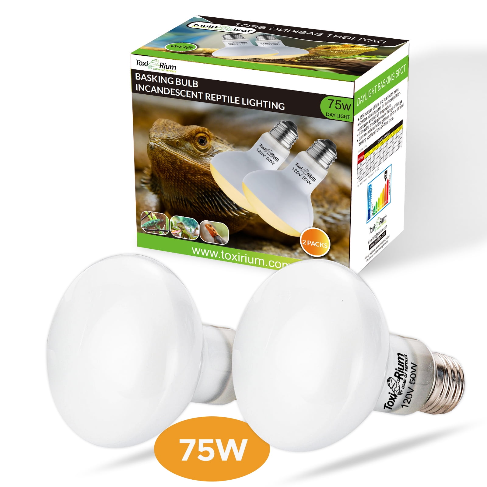 ToxiRium 2-Pack Reptile Heat Lamp, 75W UVB Self-Ballasted Basking Spot Light Bulb for Reptiles ...