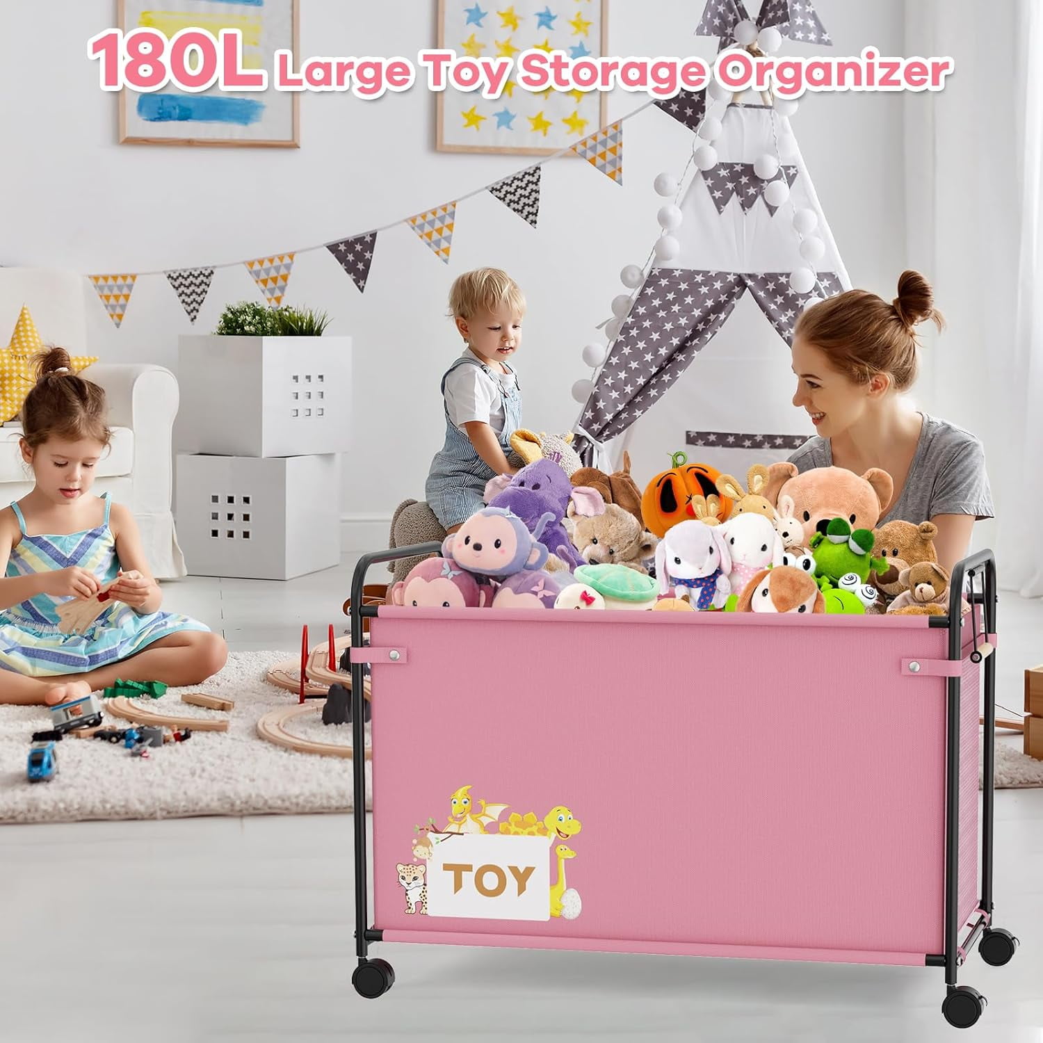 Toy Box Storage, 180L Extra Large Toy Chest with 360° Wheels, Oxford ...