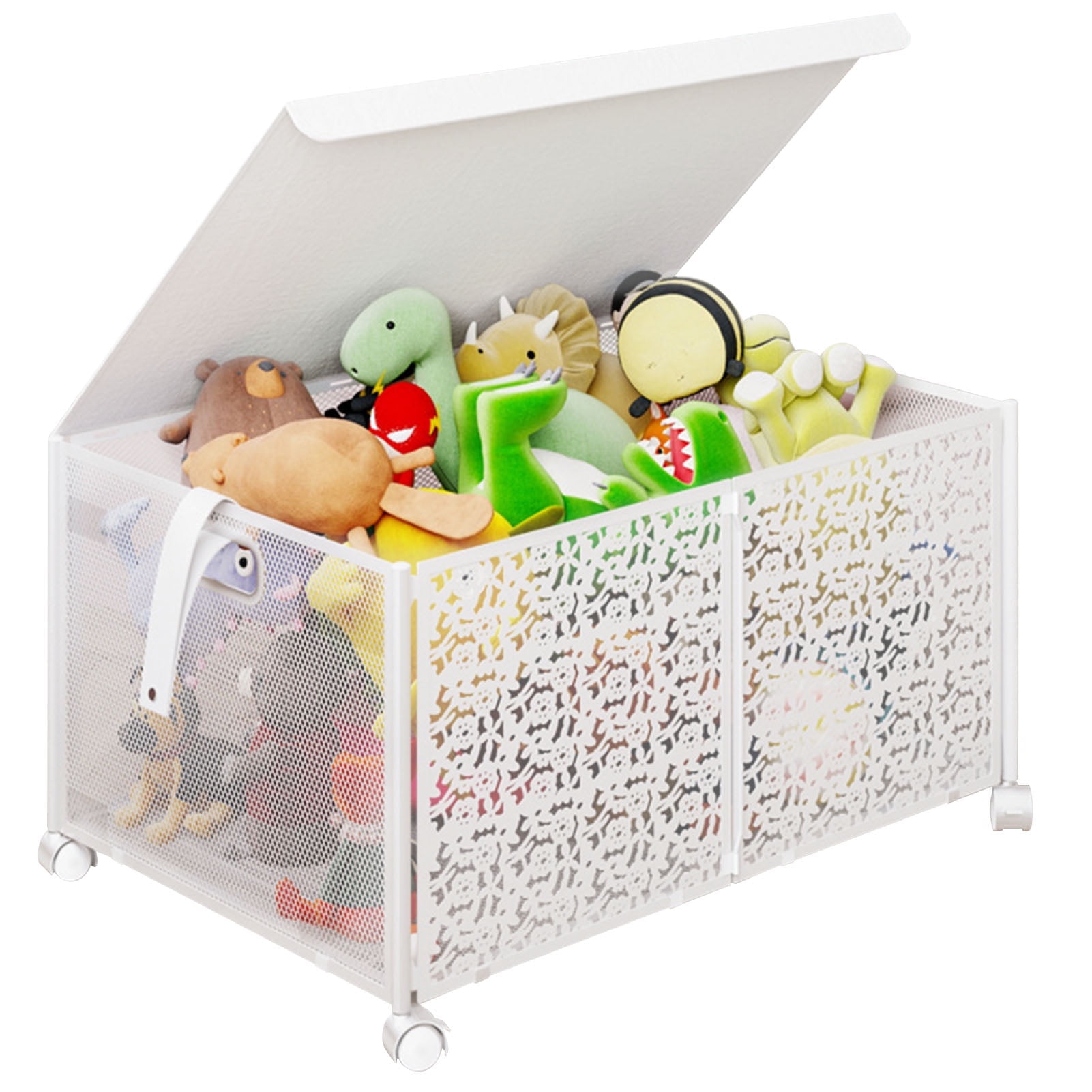 Toy Box Storage, Foldable Metal Kids Toy Chest with -Top Lid and Wheels ...