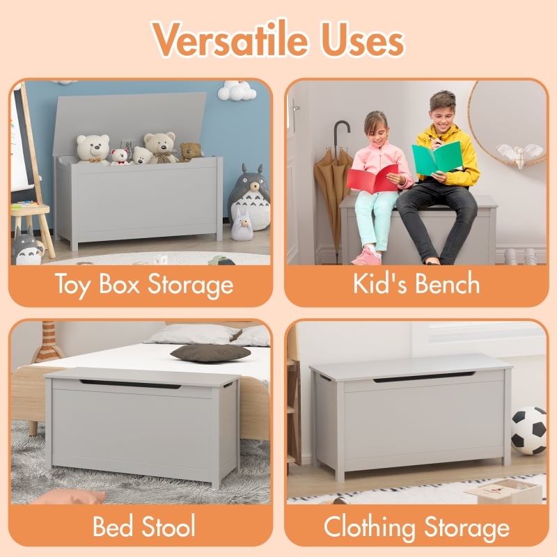 Toy Box Storage for Kids (Gray Wooden) - Safety Hinged Lid Chest for ...