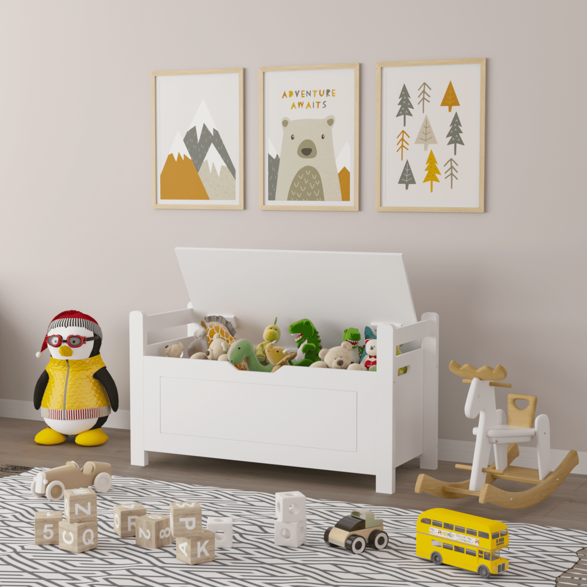 Seizeen Kids Wooden Toy Box with Lid, Heavy Duty Storage Furniture for ...