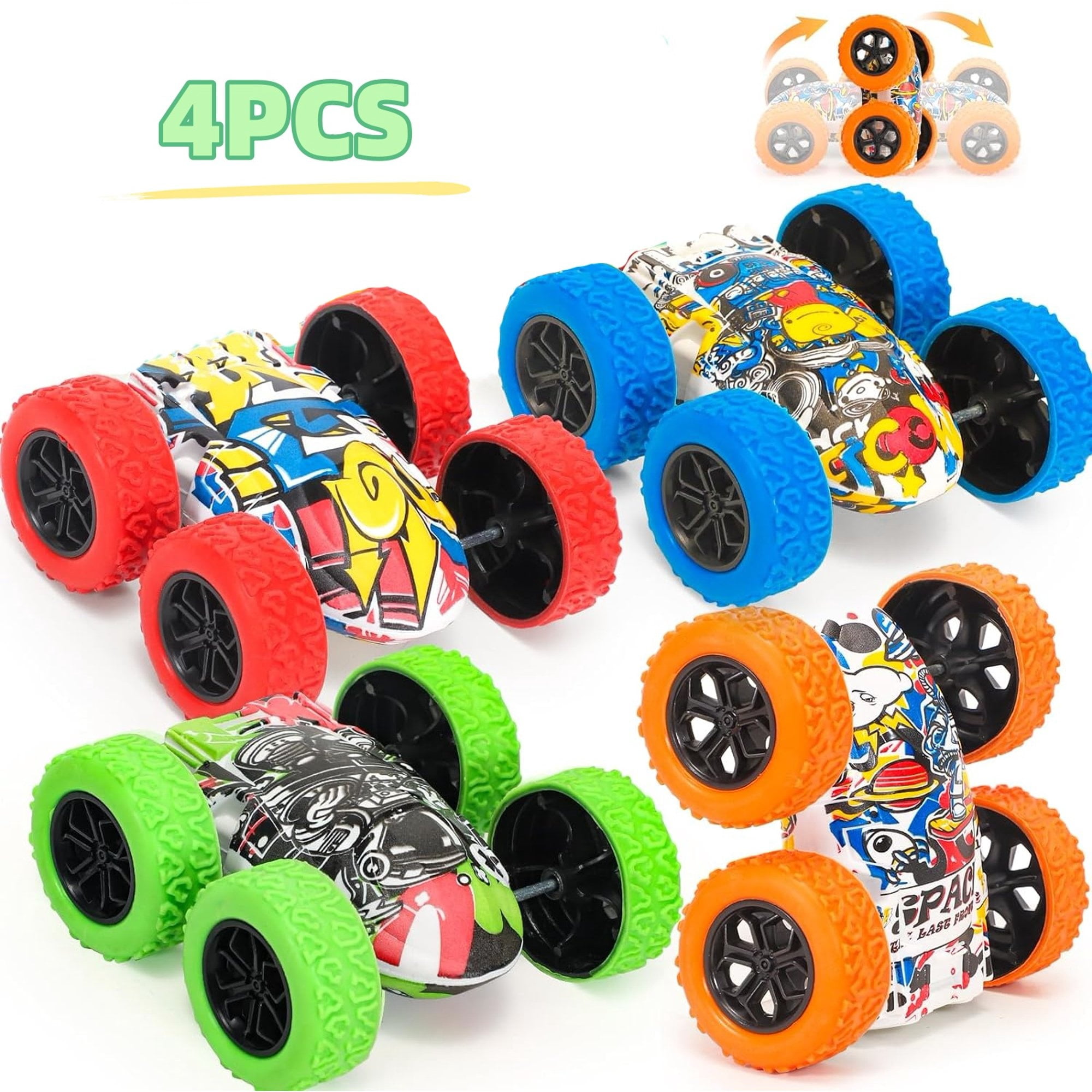 Toy Cars for Kids, 4 PCS Monster Truck Toys Vehicles Push and Go Flip ...