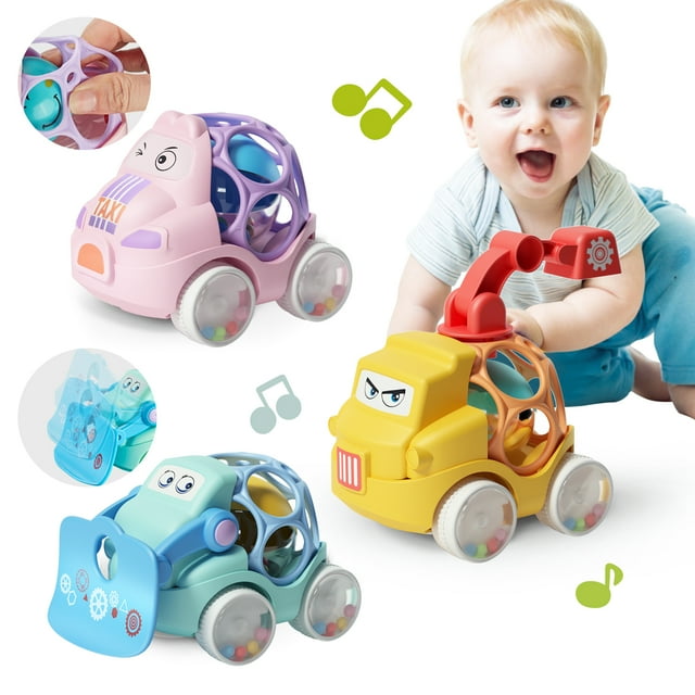 Toy Cars for Toddlers Age 1,Baby Rattle Car Toy,3 Pieces Soft Rubber ...