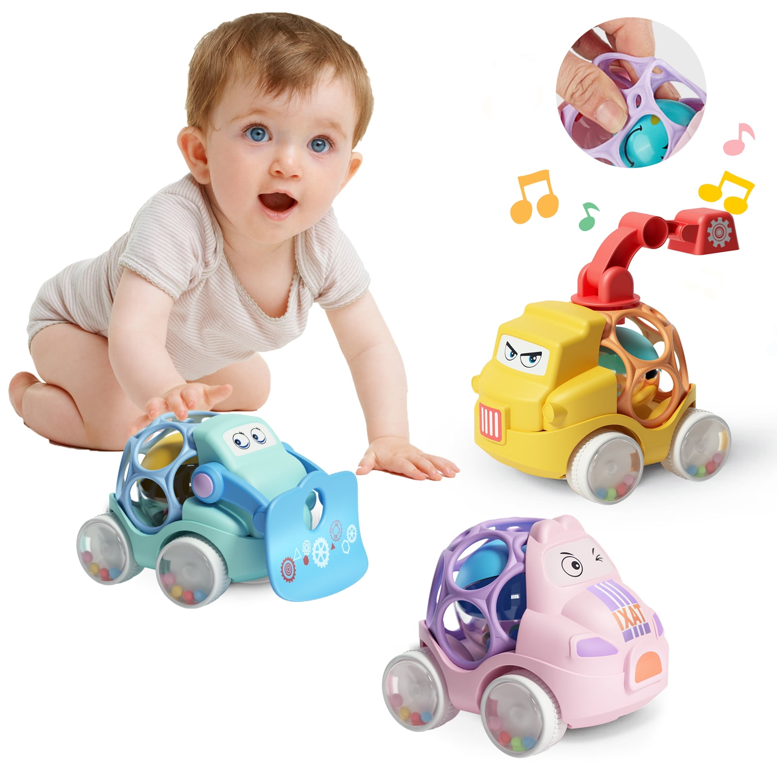 Toy Cars for Toddlers Age 1,Baby Rattle Car Toy,3 Pieces Soft Rubber ...