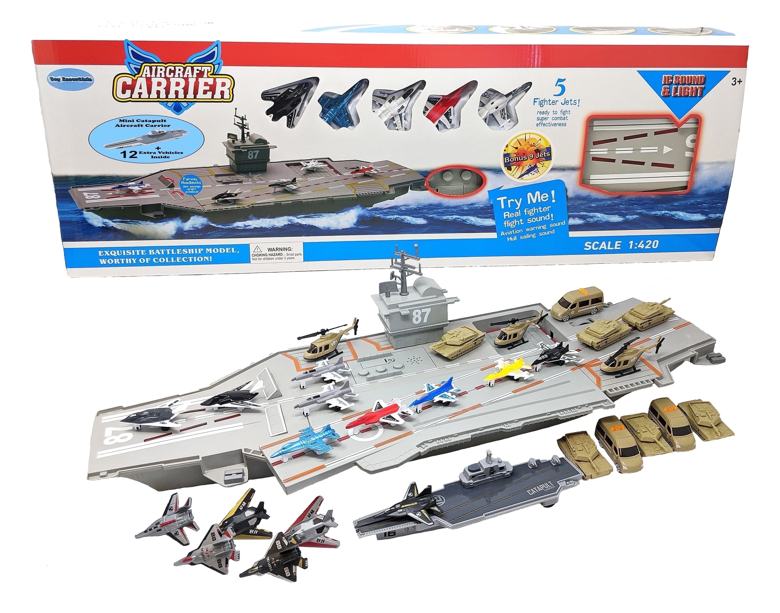 Toy Essentials Large Aircraft Carrier Toy with Jets, Vehicles & Lights ...