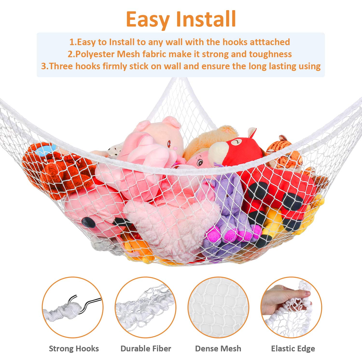 Toy Hammock, Stuffed Animals Hammock, Jumbo Toy Storage Net 83" Wall ...