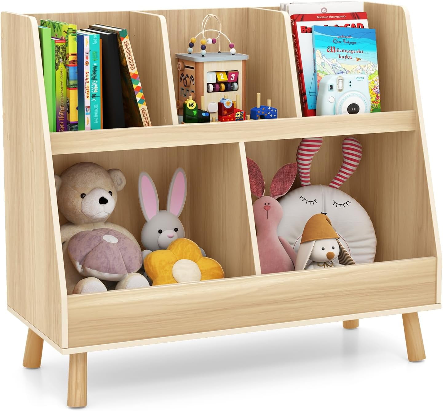 Toy Organizers and Storage with Bookshelf 5 Cubbies Wooden Toy Cabinet ...