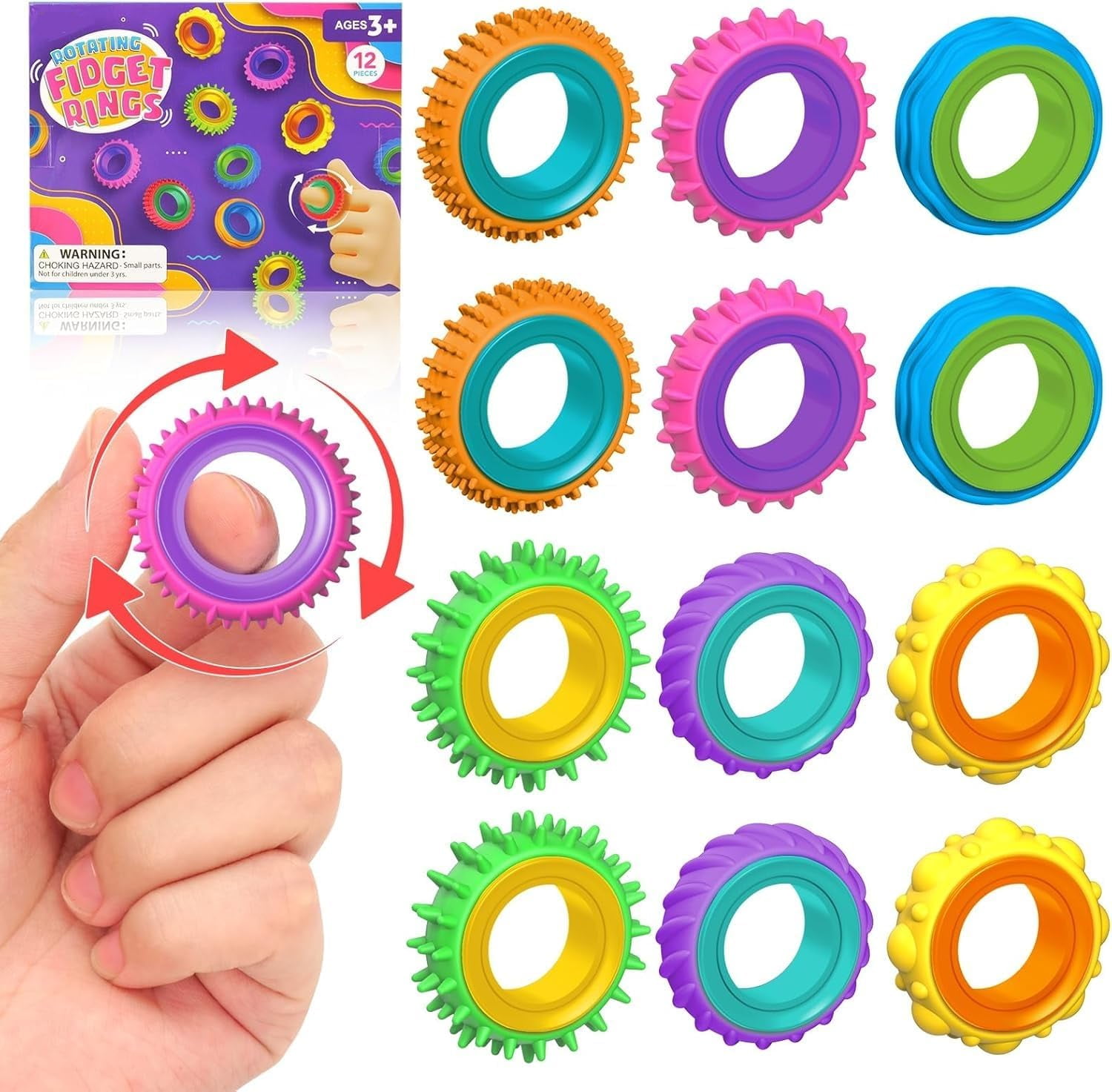 Toy Sensory Rings for Kids, 12 Pack Finger Spinner Rings - Texture ...
