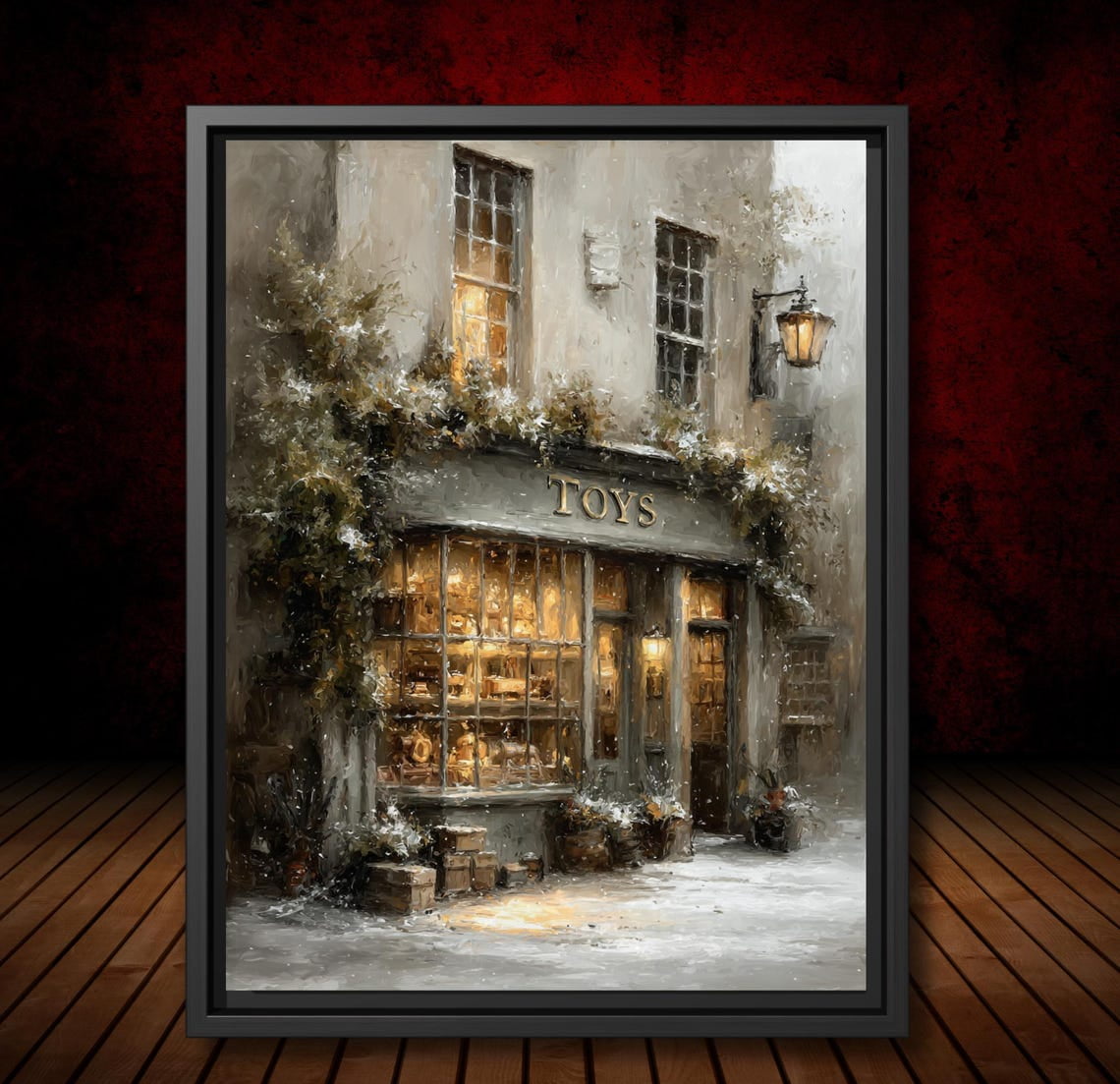 Toy Shop Art Poster Vintagestreet Scene Glowing Window Display, Moody ...