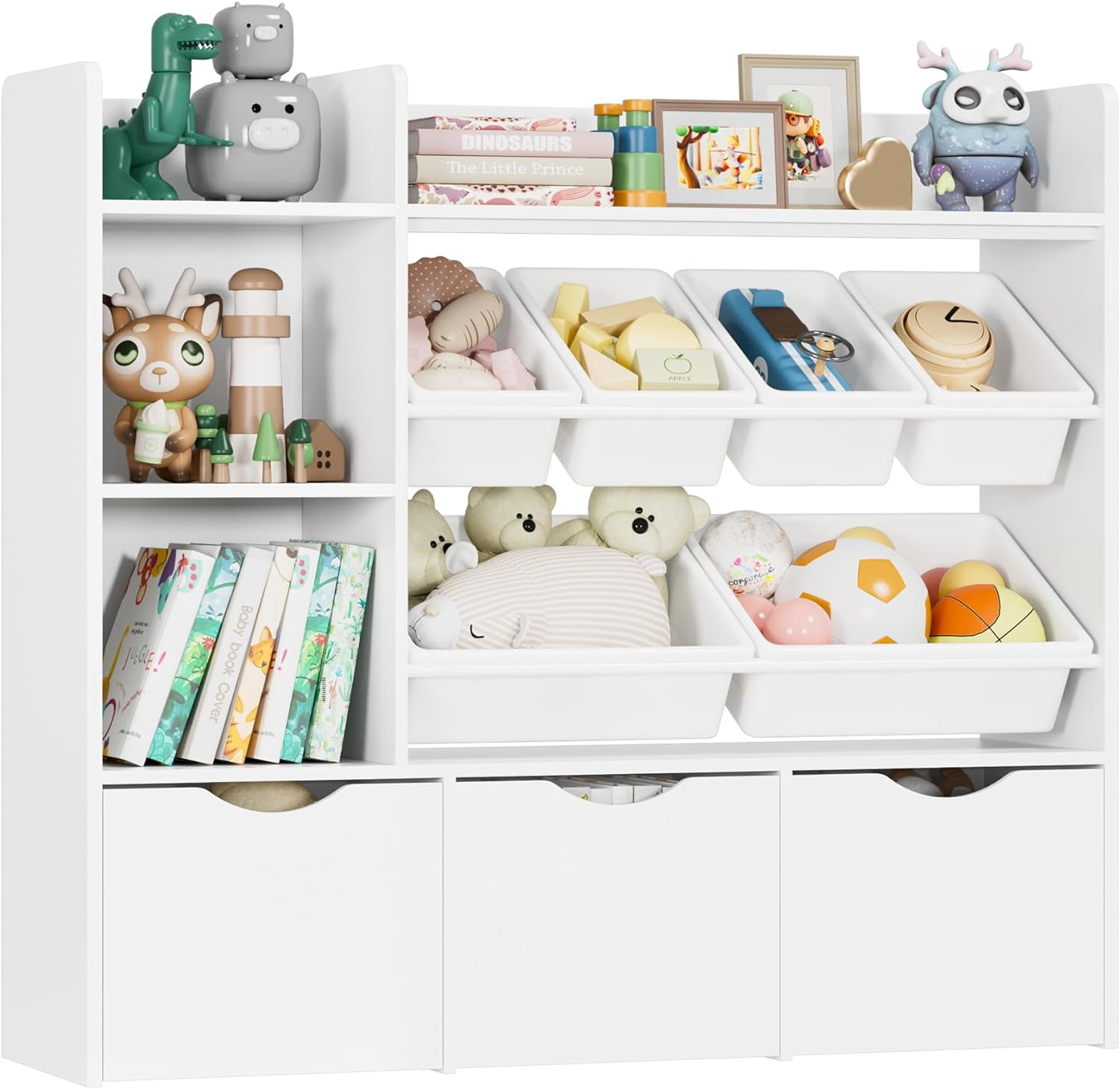 Toy Storage Organizer with 3 Movable Drawers, Bookshelf and Bookcase ...
