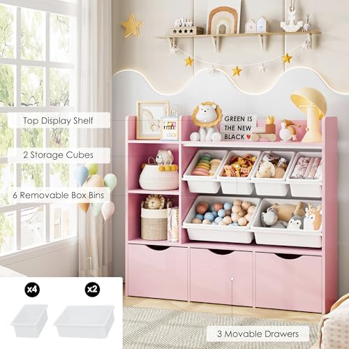 Toy Storage Organizer with 3 Movable Drawers, Kids Bookshelf with 6 ...