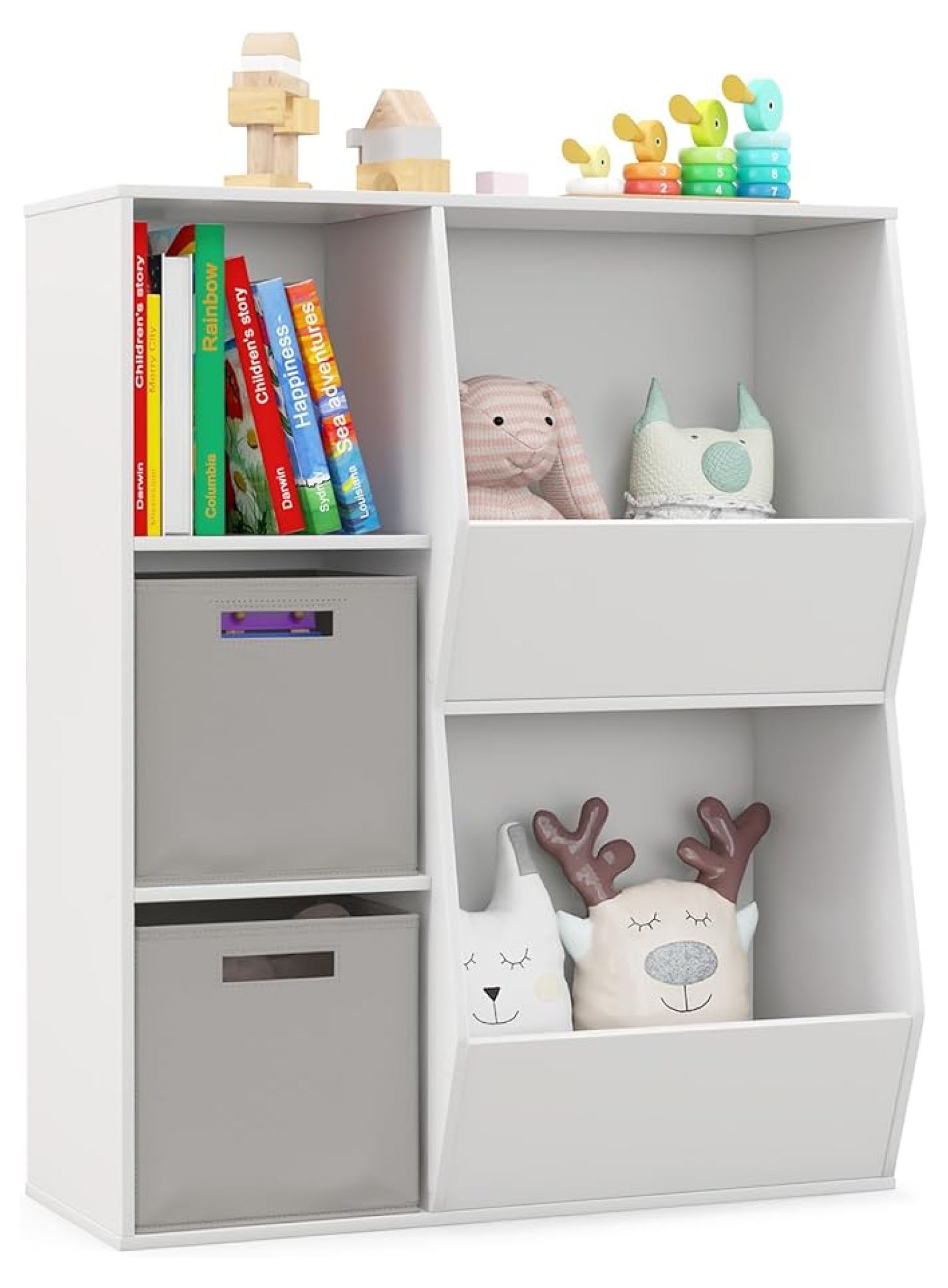 Toy Storage Organizer with Bins, 5 Cube Kids Bookshelf w/Anti-Toppling ...