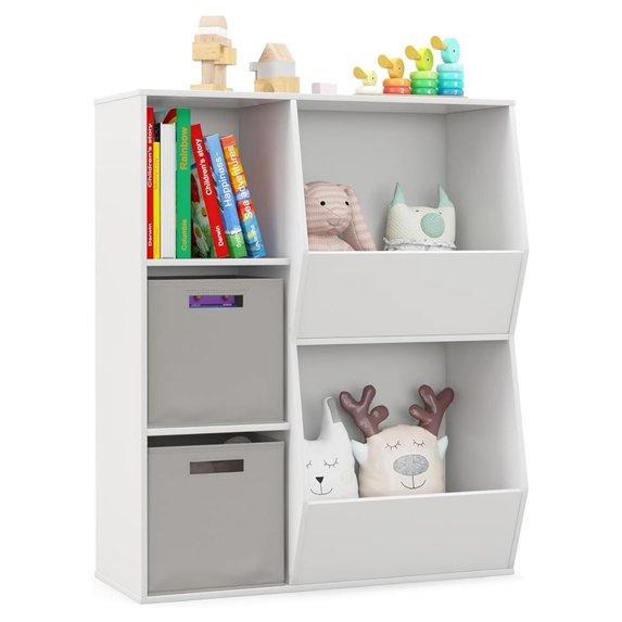 Toy Storage Organizer with Bins, 5 Cube Kids Bookshelf w/Anti-Toppling ...