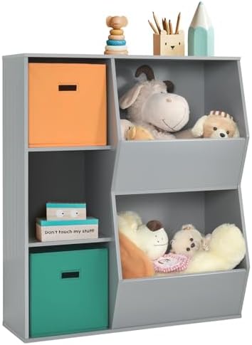 Toy Storage Organizer with Bins, 5 Cube Kids Bookshelf w/Anti-Toppling ...