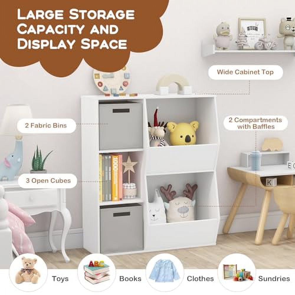 Toy Storage Organizer with Bins, 5 Cube Kids Bookshelf w/Anti-Toppling ...