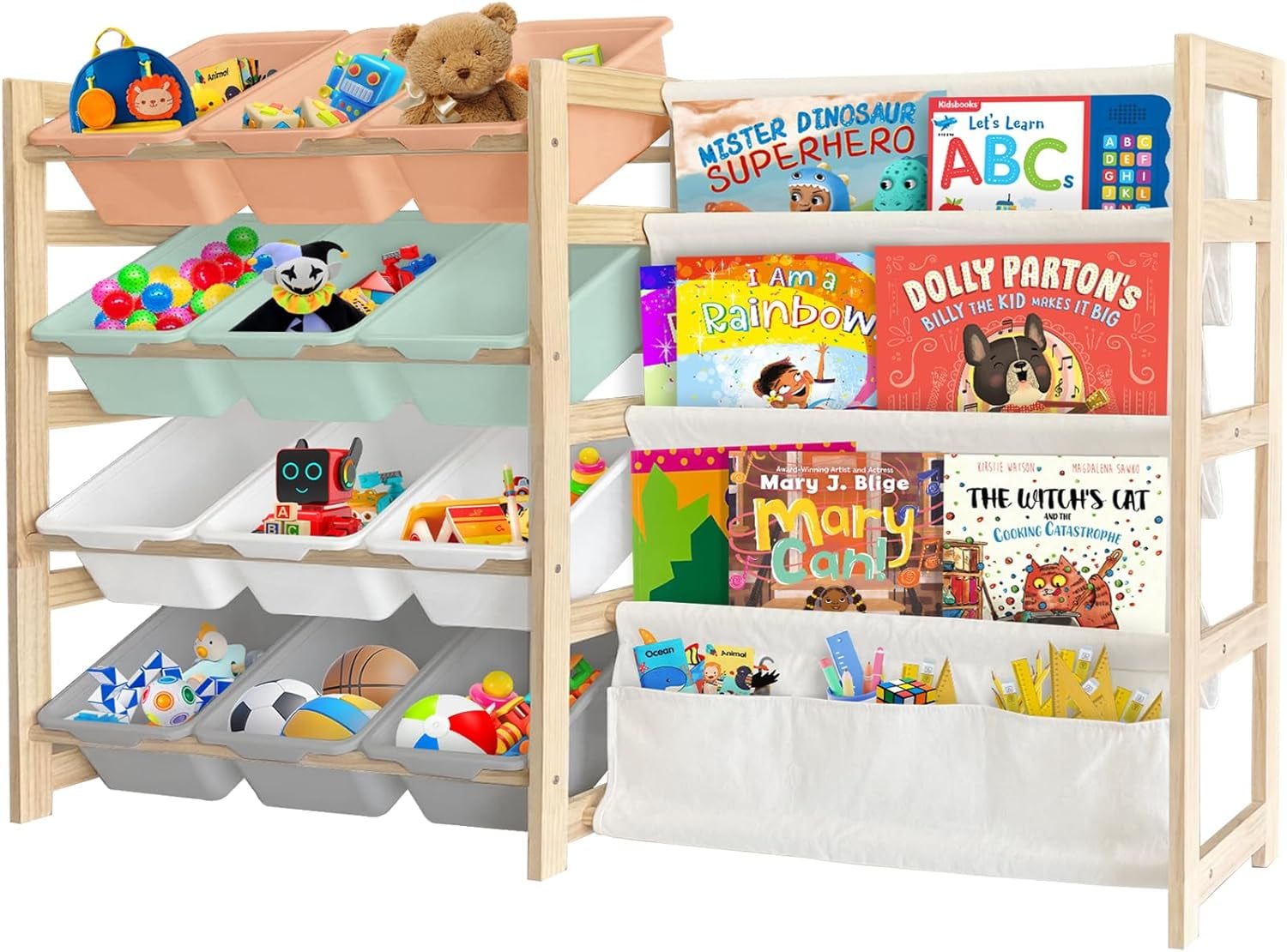 Toy Storage Organizer with Bookshelf - 12 Storage Bins 4-Tier ...