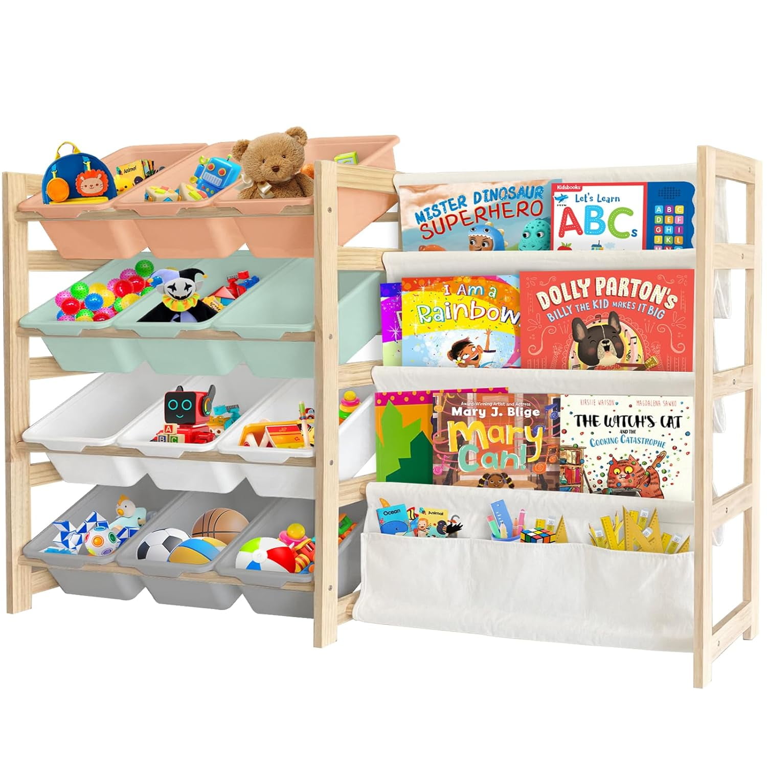 Toy Storage Organizer with Bookshelf - 12 Storage Bins 4-Tier ...