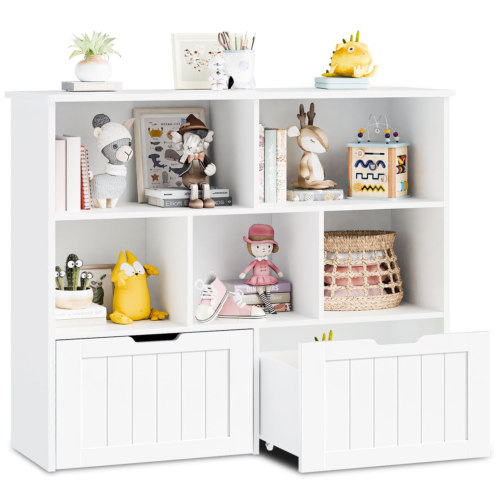 Vabches Kids Bookshelf and Toy Storage with 2 Movable Drawers, White ...