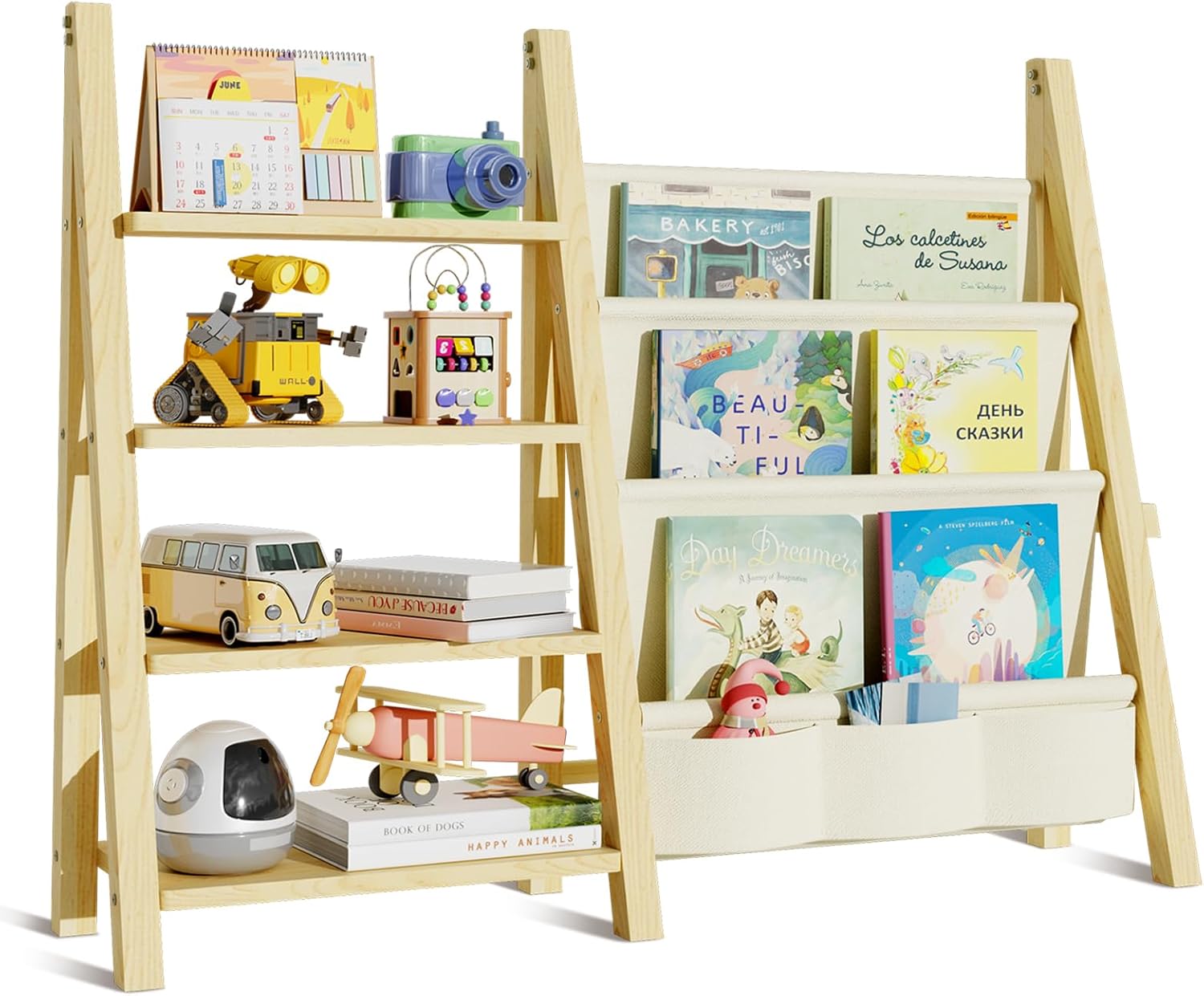 Toy Storage Organizer with Kids Bookshelf, Montessori Wooden Toy ...