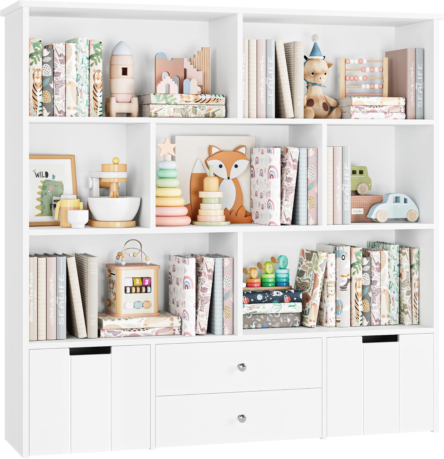 Toy Storage Organizer, Large Kids Bookshelf with 4 Drawers and 7 Storage Cubbies, Toy Organizers ...