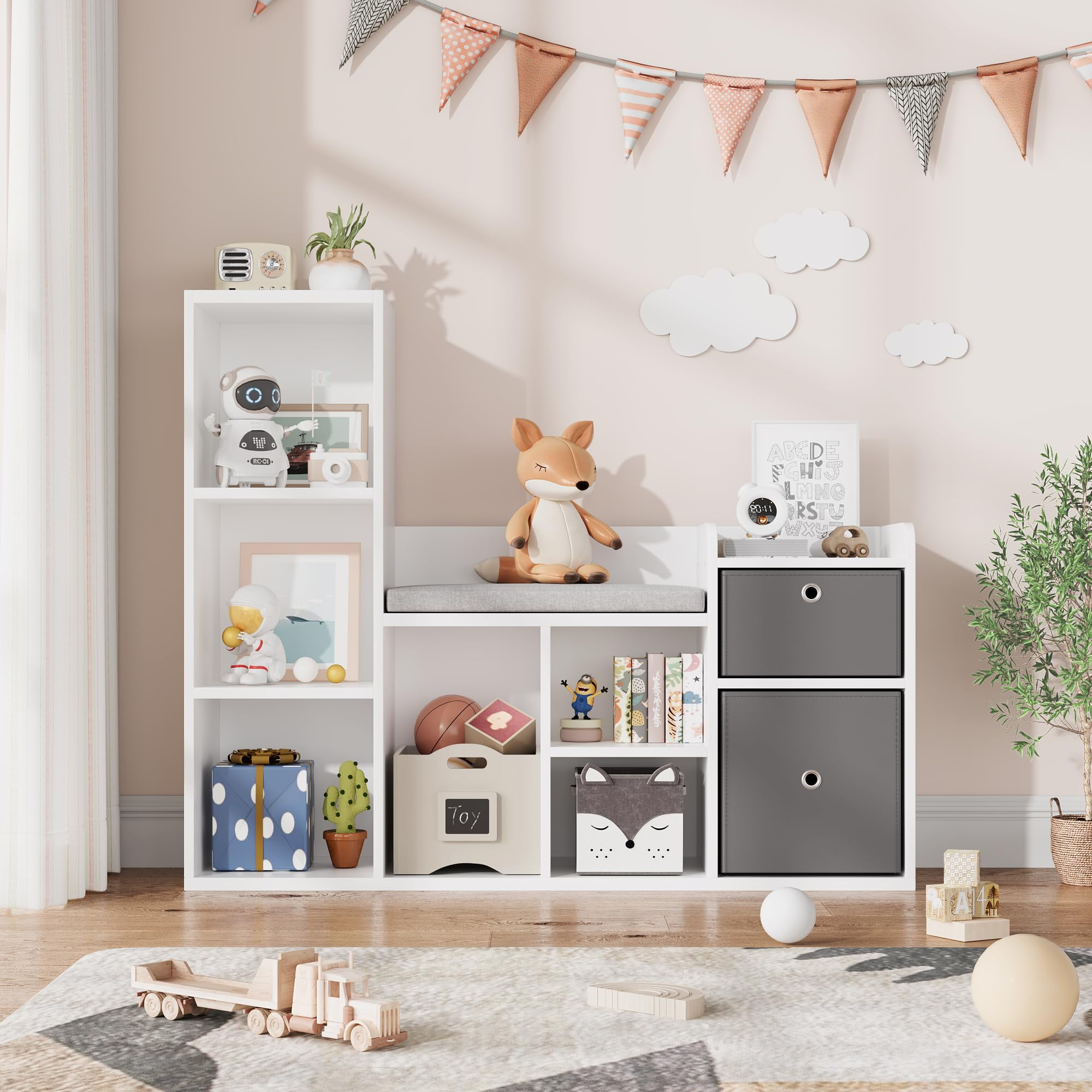 Toy Storage Organizer with Reading Nook 6-Cubby Kids Bookshelf White ...