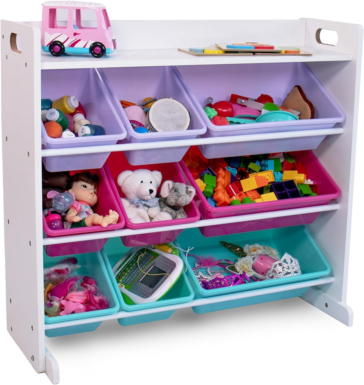 Toy Storage Organizer with Top Shelf and 9 Removable Bins, White/Pink ...