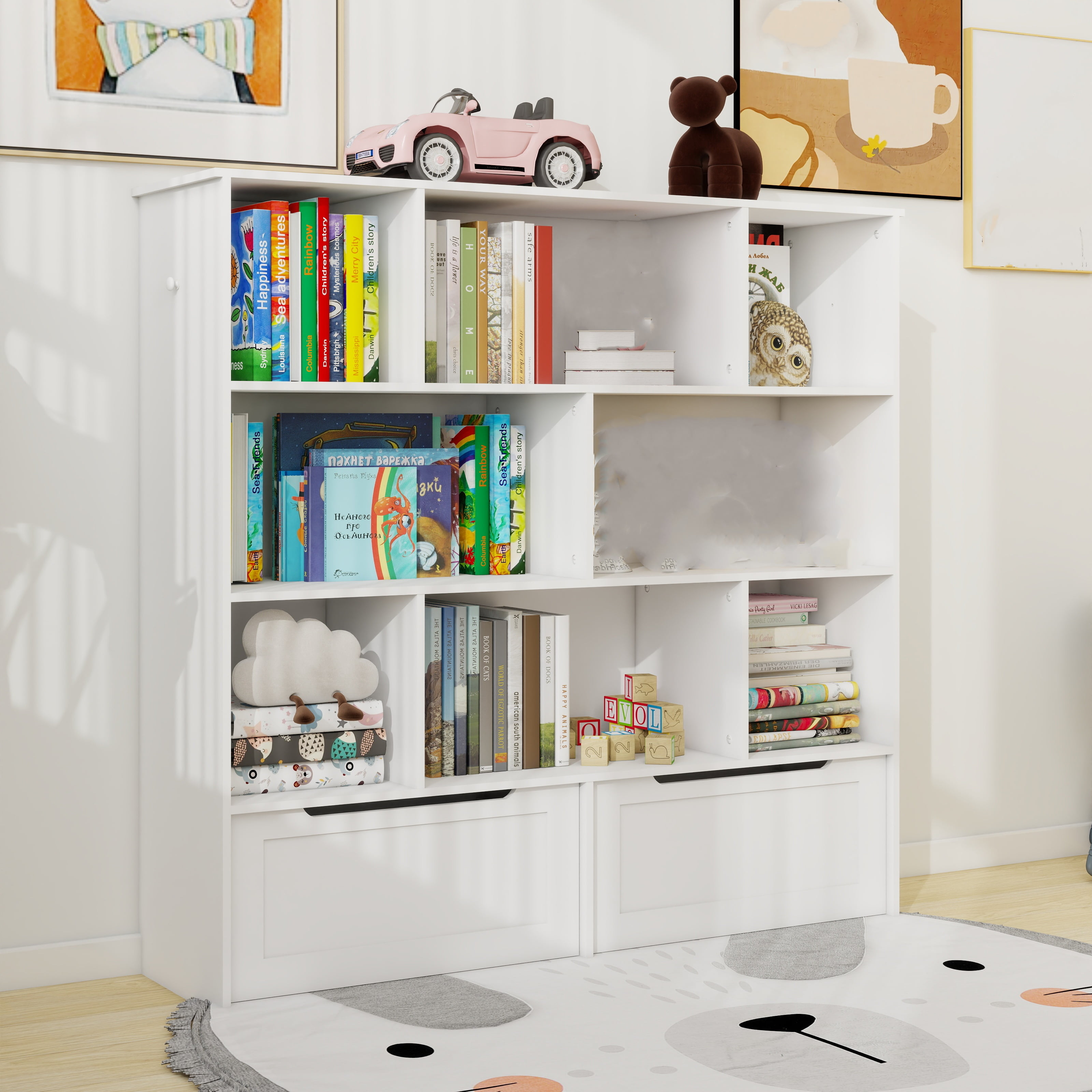 Toy Storage Organizer With 2 Movable Drawers Wooden Bookshelf Daycare ...