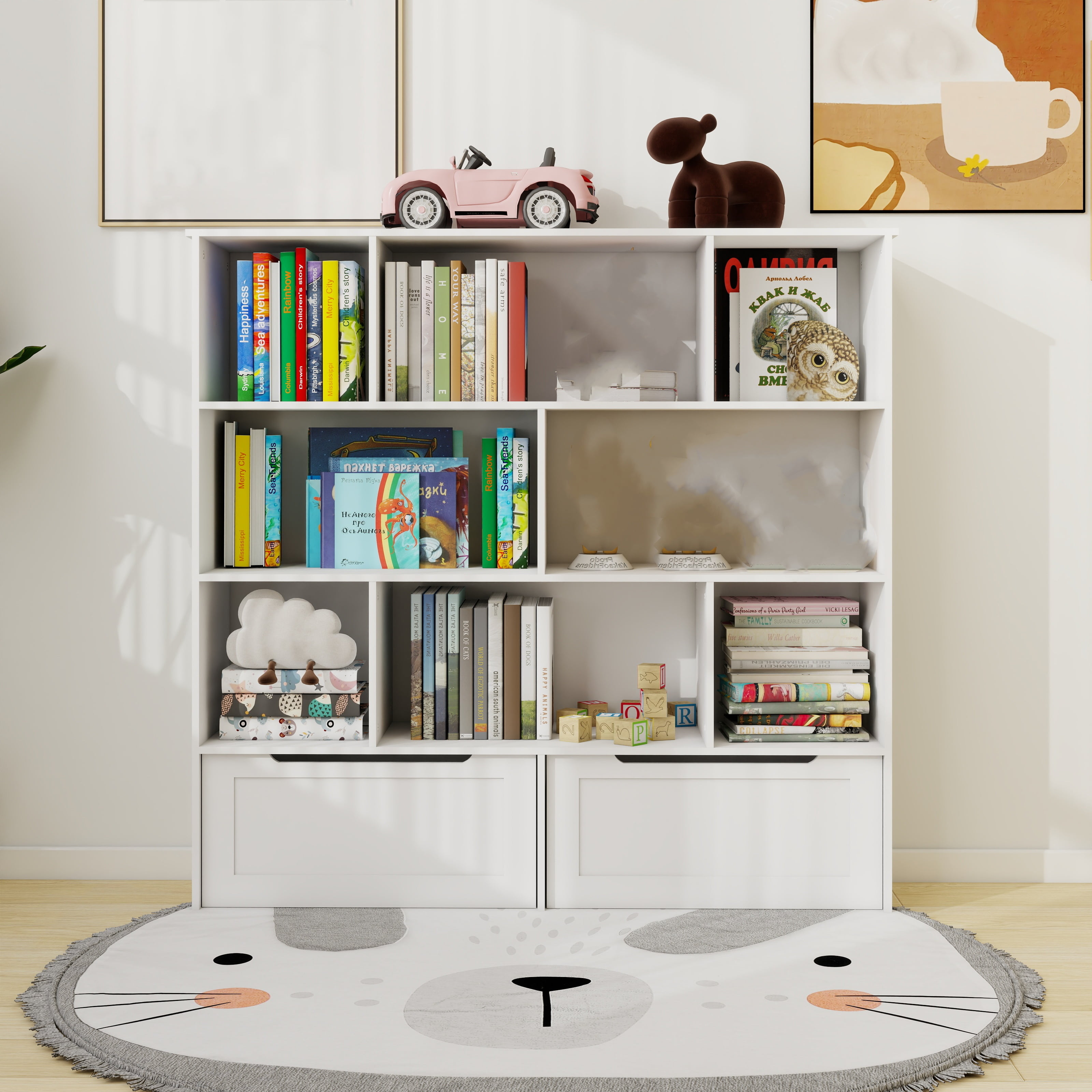 Toy Storage Organizer with 2 Movable Drawers, Wooden Bookshelf Daycare ...