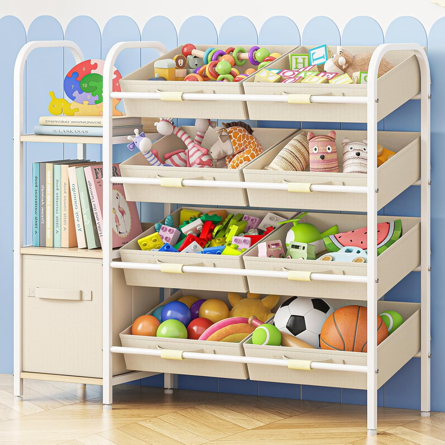 Toy Storage Organizer with Fabric Drawers and Bookshelf, 3 Shelves Kids ...