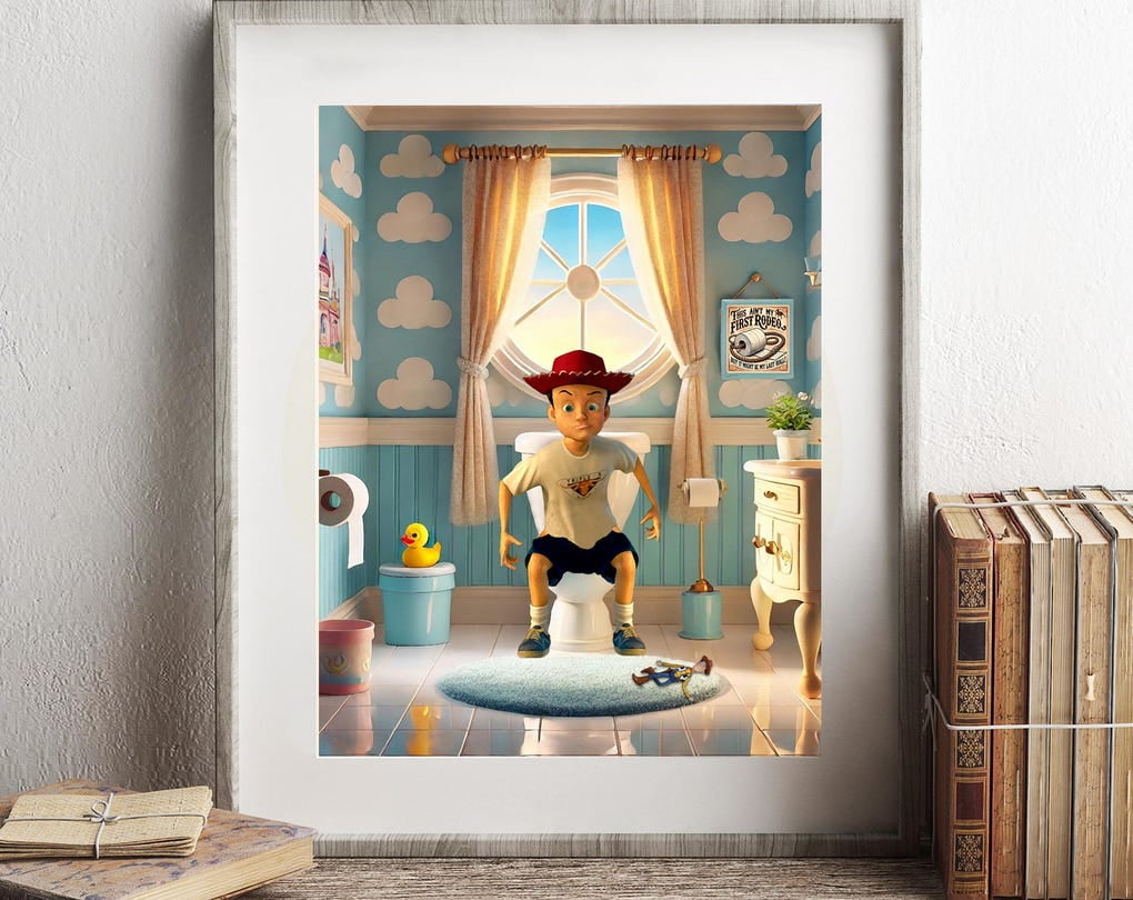 Toy Story Andy On Toilet Bathroom Art Print, Toy Story Bathroom Art ...