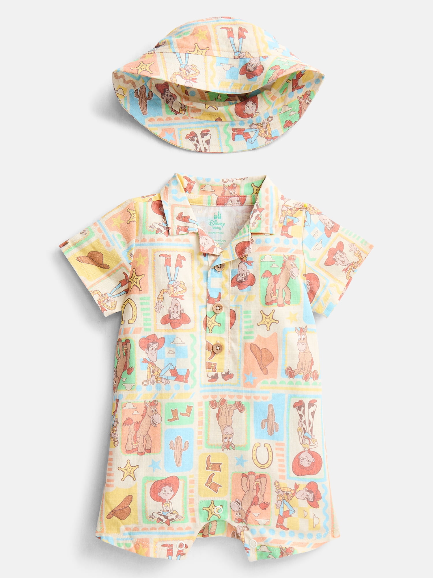 Toy Story Baby Boys' Print Cotton Romper and Bucket Hat Set, 2-Piece ...