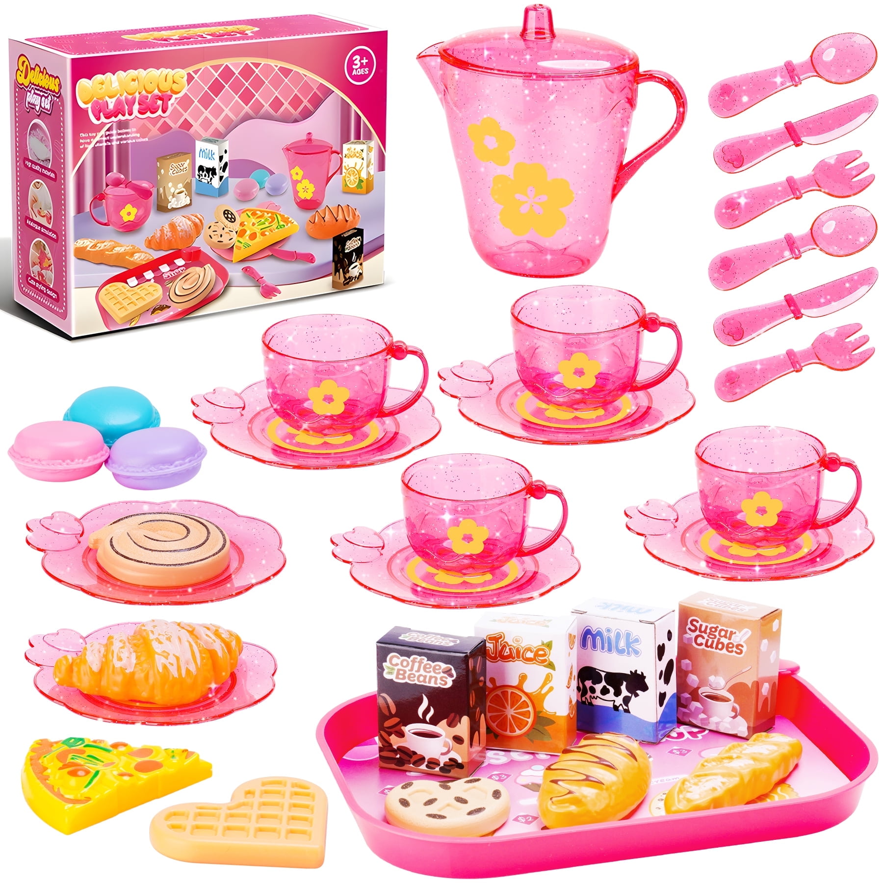 33PCS Mint Pink Pretend Play Tea Party Set for Kids Plastic Mini ...