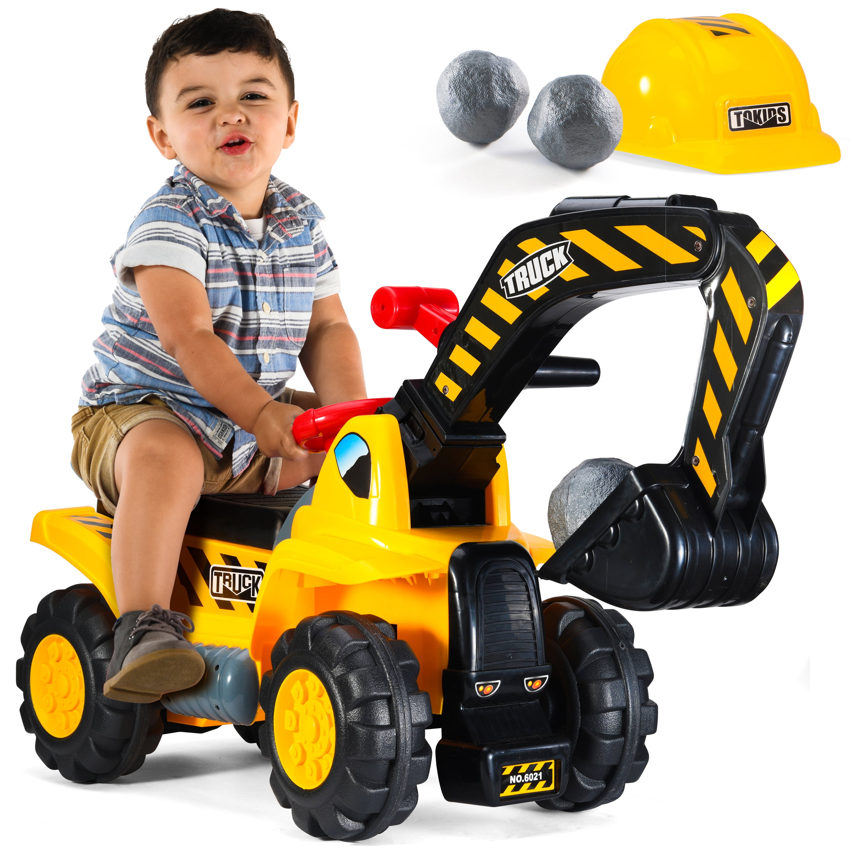 Play22USA Kids Rideable Tractor Toy with Digger Arm, Helmet, Rocks, and ...